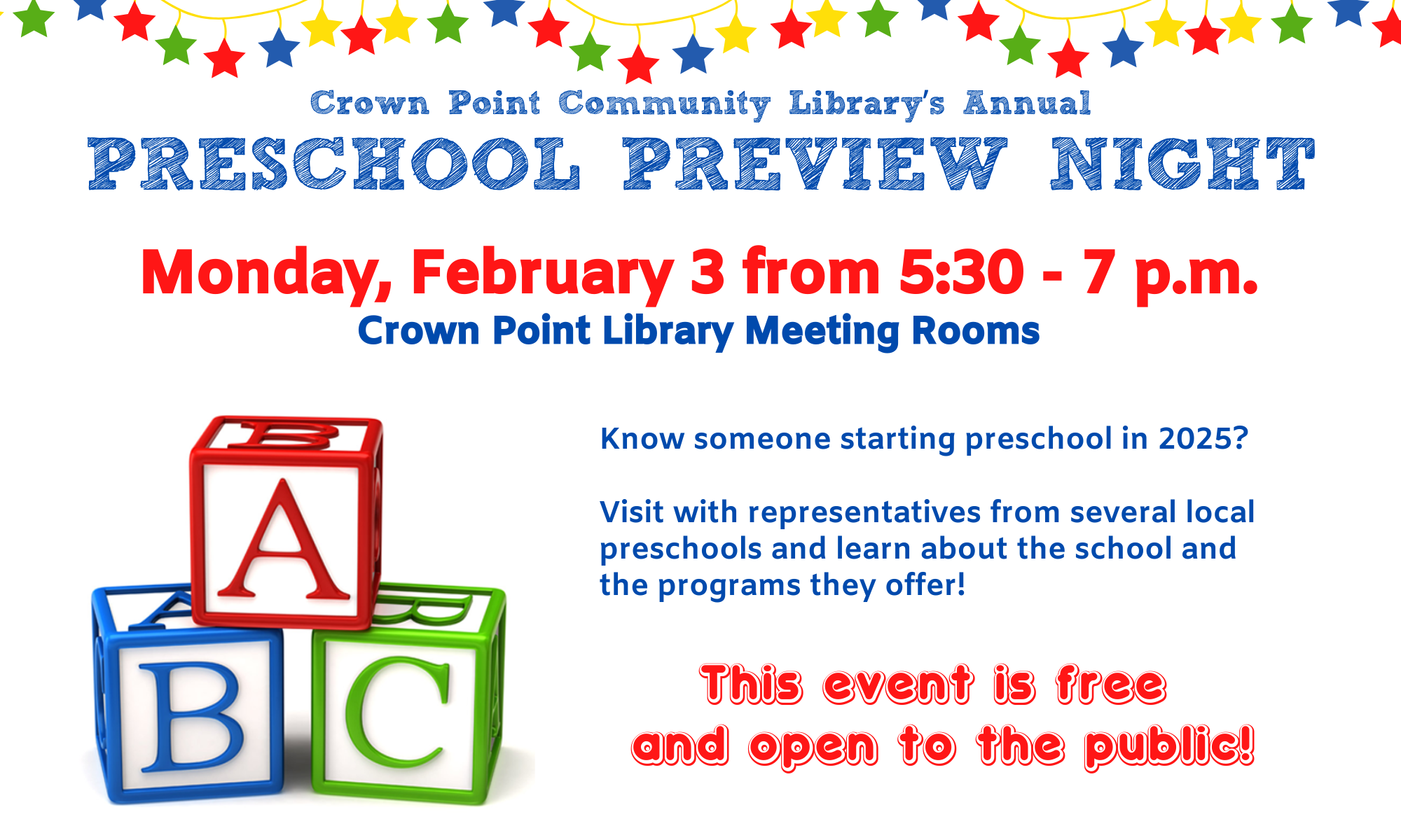 Crown Point Community Library - Preschool Preview Night (8.5 x 5.5 in ...